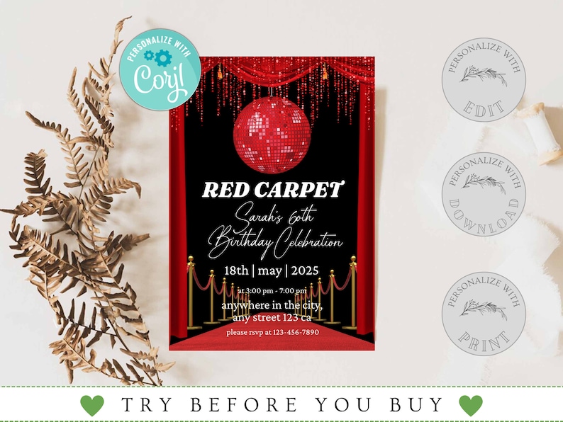 Editable Red Carpet Birthday Invitation, Hollywood Movie Party Invite ...