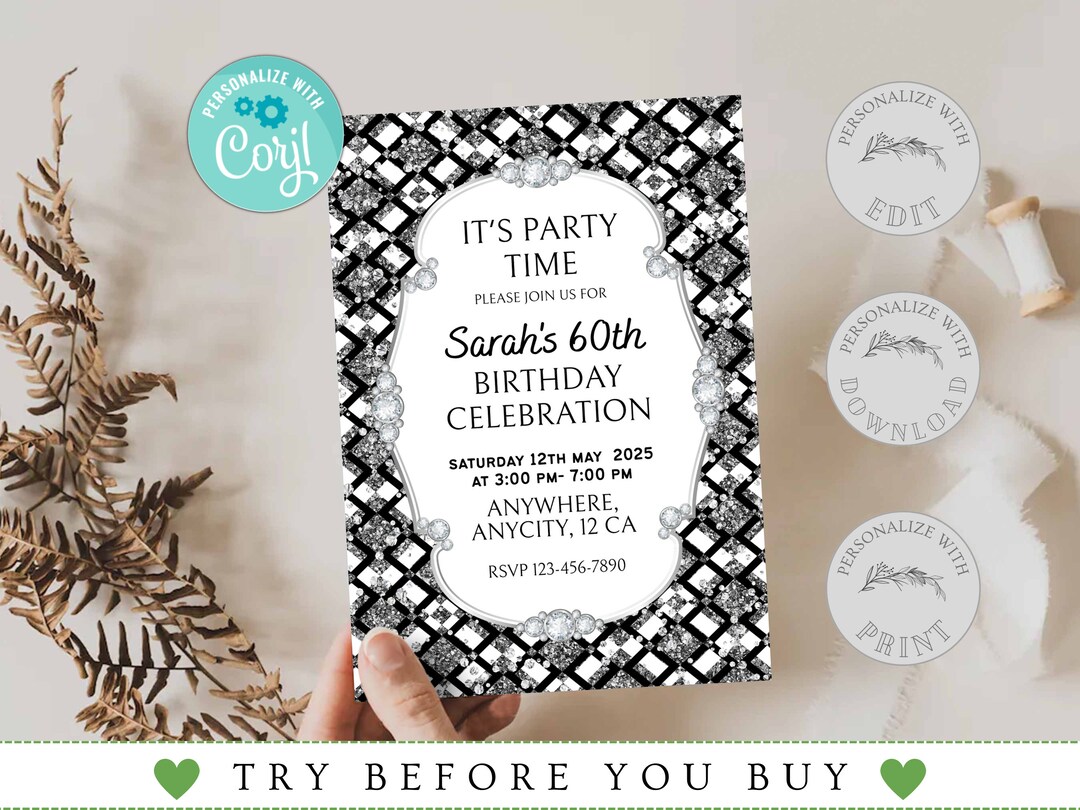 Diamond Birthday Party Invitation, Glamour Invitation, Editable Diamond ...