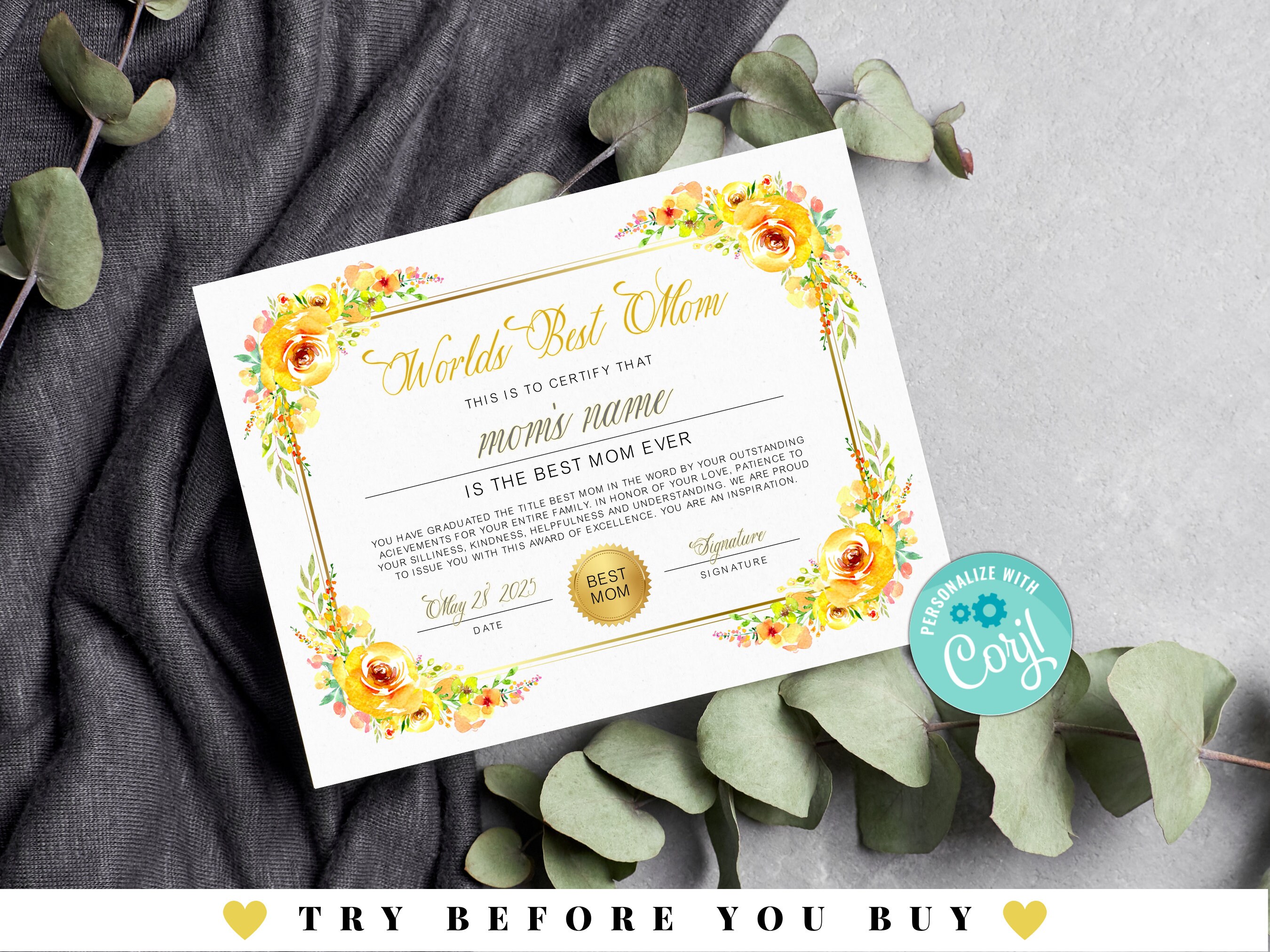 Editable Best Mom Certificate Template, Mother's Day Certificate, World ...