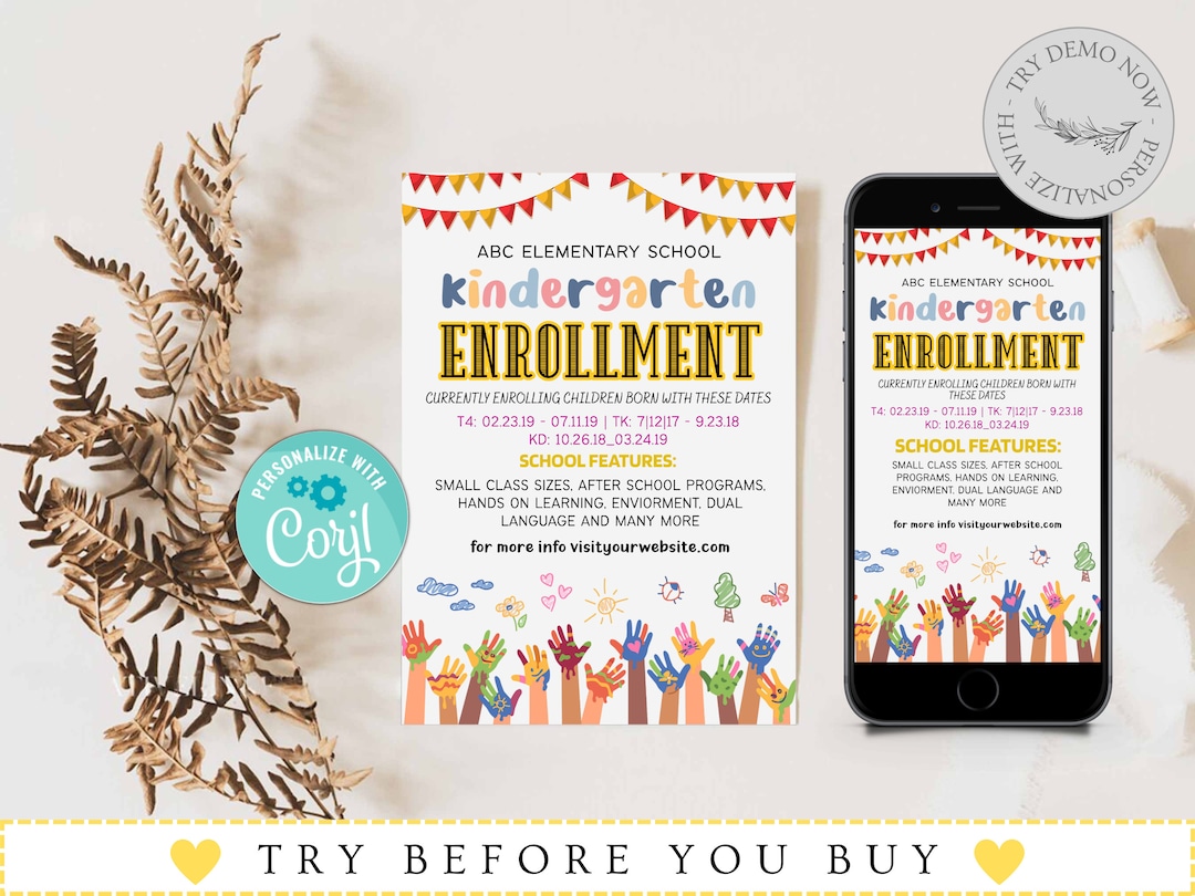 Kindergarten Enrollment Registration Flyer, Printable PTA PTO Flyer ...