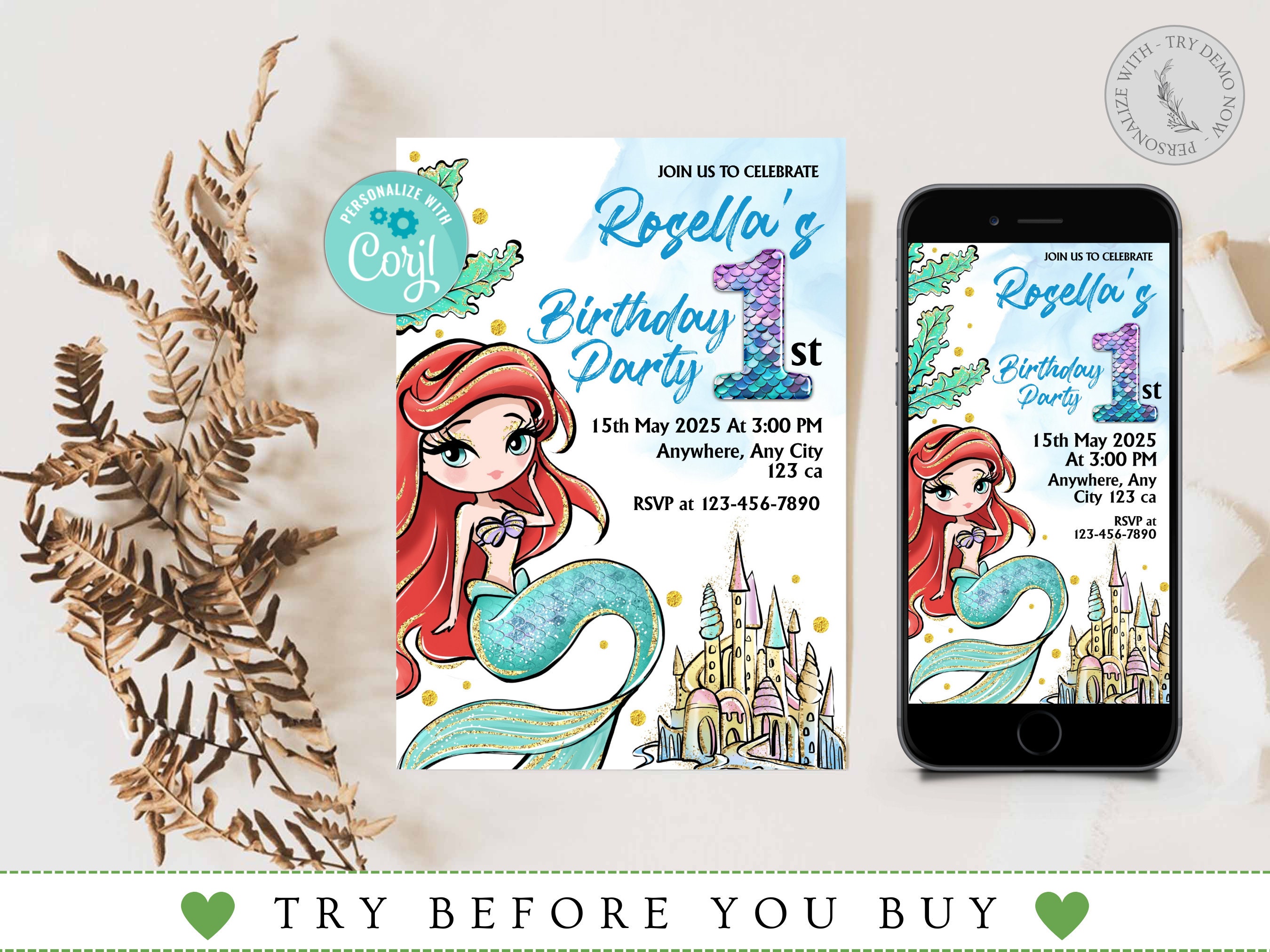 Little Mermaid Birthday Invitation, Princess Ariel, Disney Princess ...