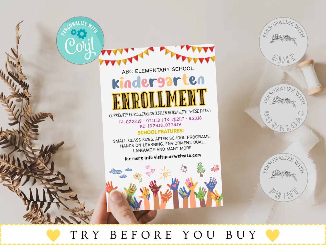 Kindergarten Enrollment Registration Flyer, Printable PTA PTO Flyer ...