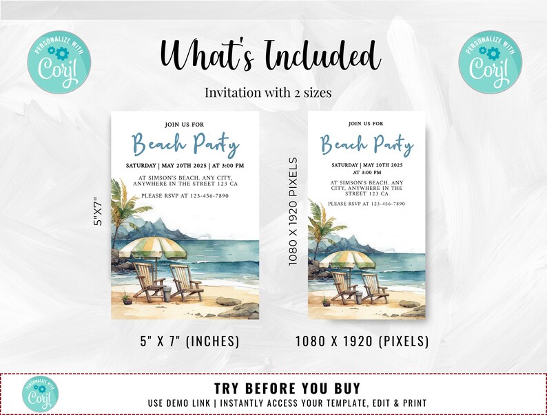 Editable Beach Party Invite, Beach Birthday Invite Beach Summer Party ...