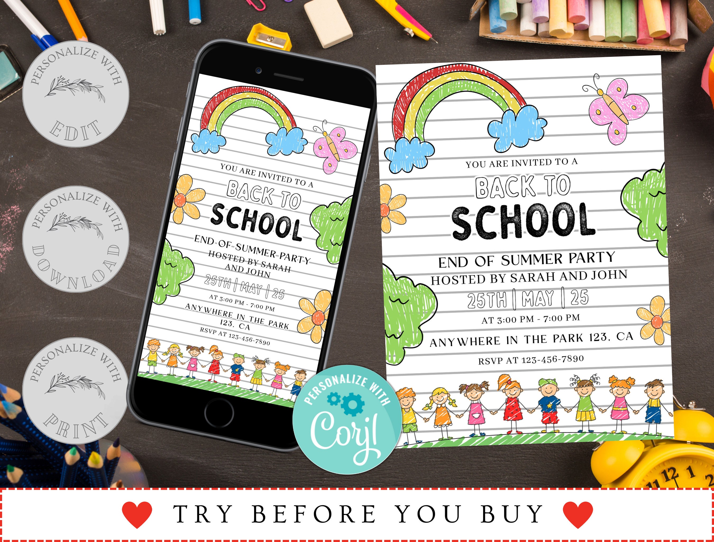 Editable Back to School Party Invite, Kids Summer Party Invitation ...