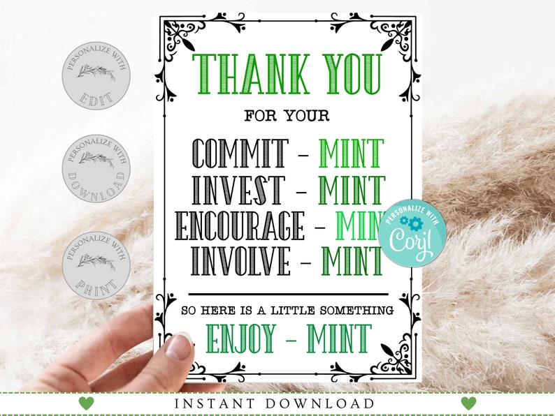 Thank You Mint Printable, Appreciation Mint Printable Tag, Editable ...