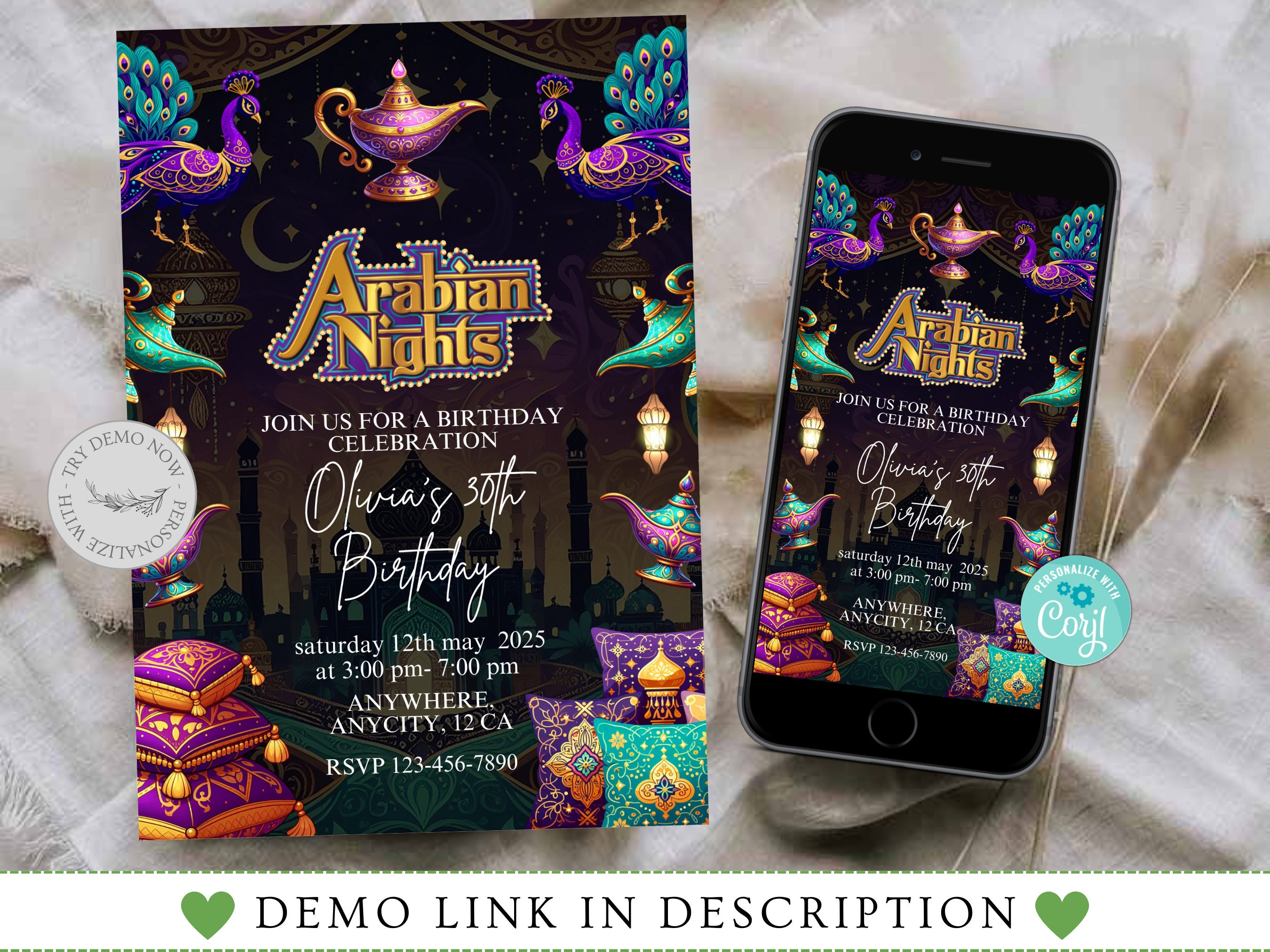Arabian Nights Birthday Party Invitations, Printable Arabian Nights ...