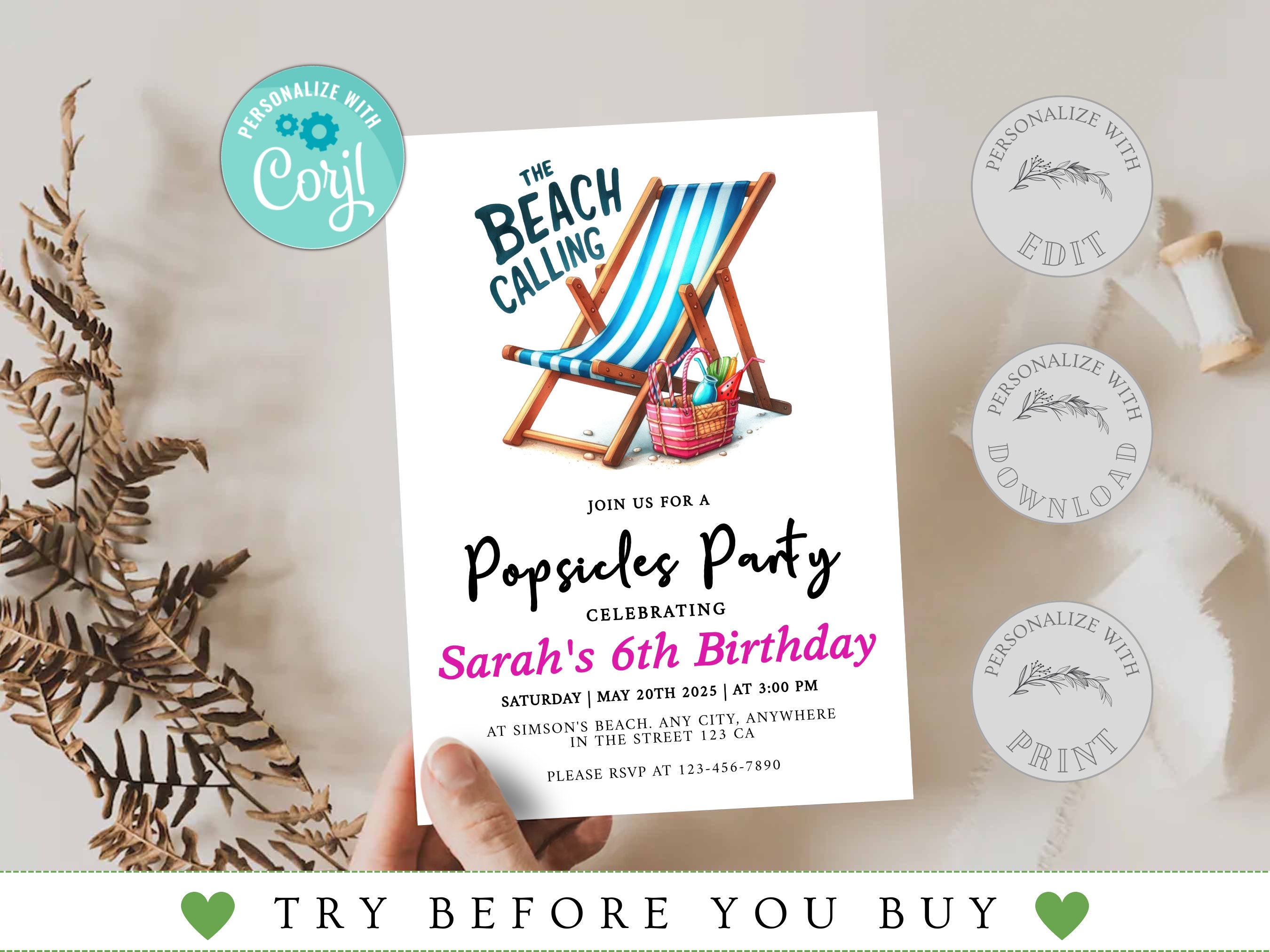 Editable Beach Party Invitation, Girl Birthday Invitation, Surf's Up ...