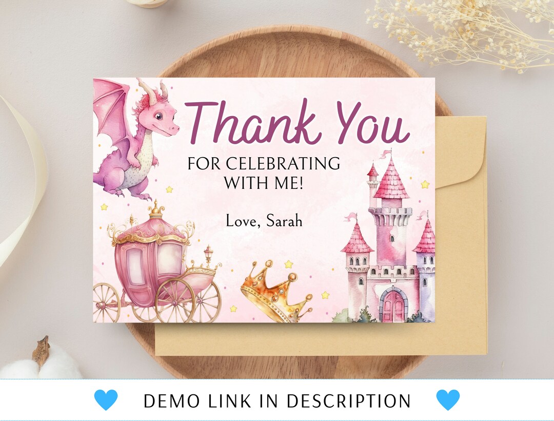 Princess Thank You Card, Princess Birthday, Princess Birthday Party ...