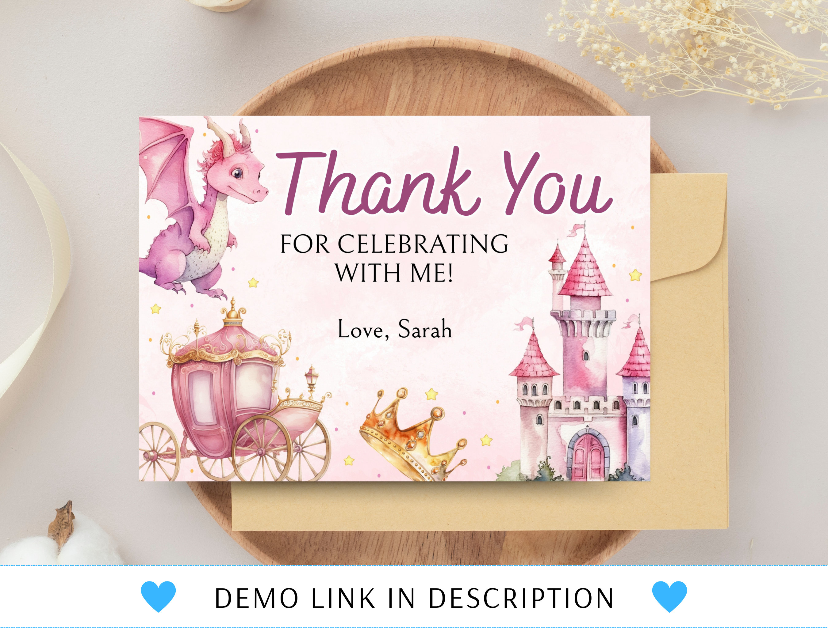 Princess Thank You Card, Princess Birthday, Princess Birthday Party ...