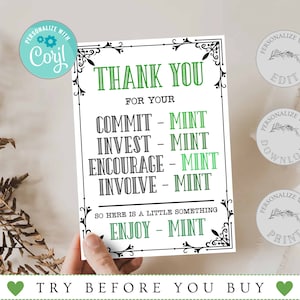 Thank You Mint Printable, Appreciation Mint Printable Tag, Editable ...