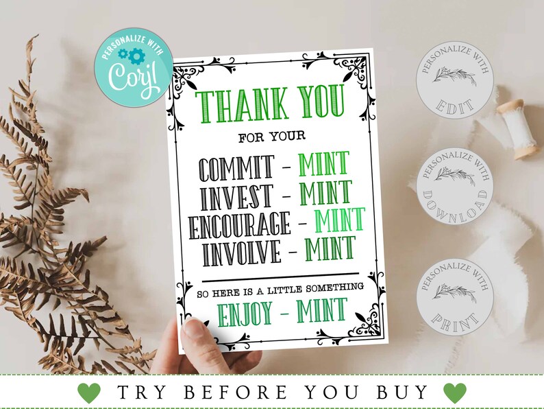 Thank You Mint Printable, Appreciation Mint Printable Tag, Editable ...