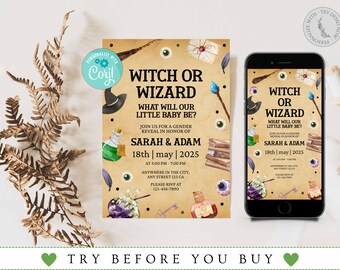 Editable Witch or Wizard Gender Reveal Bundle Template, Magical Boy or ...