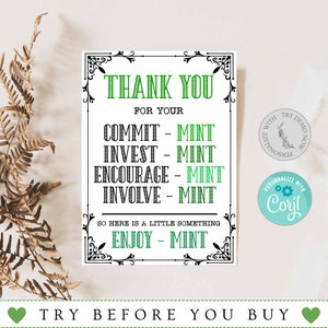 Thank You Mint Printable, Appreciation Mint Printable Tag, Editable ...
