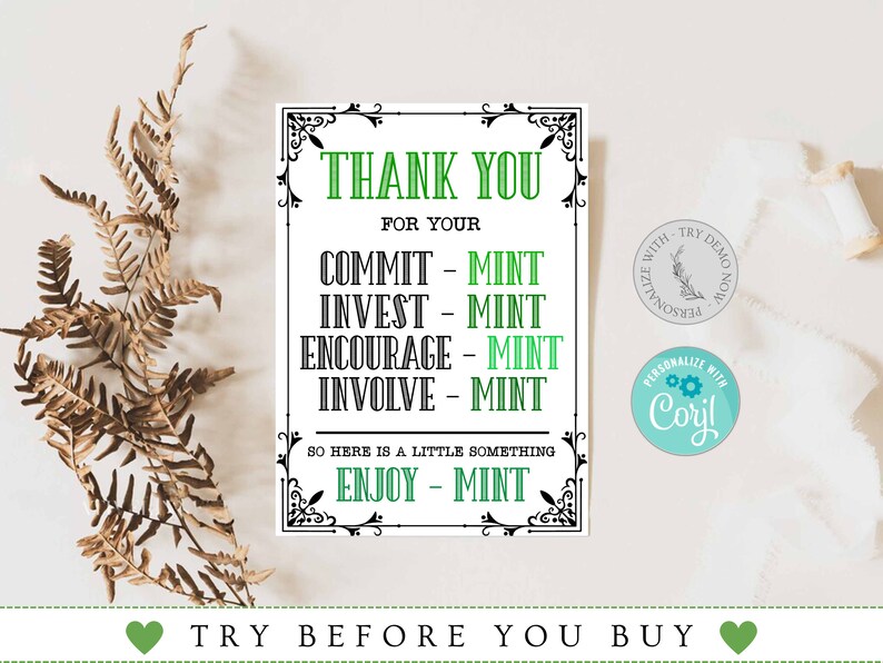 Thank You Mint Printable, Appreciation Mint Printable Tag, Editable ...