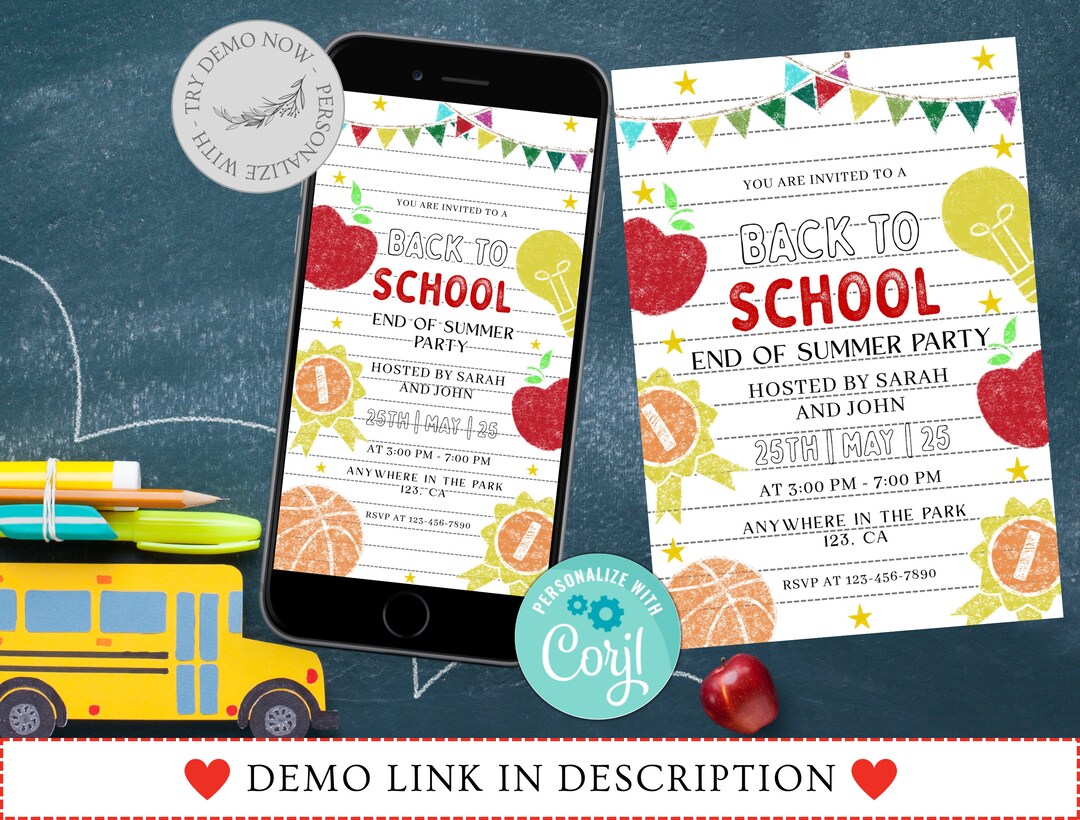 Editable Back to School Party Invite, Kids Summer Party Invitation ...