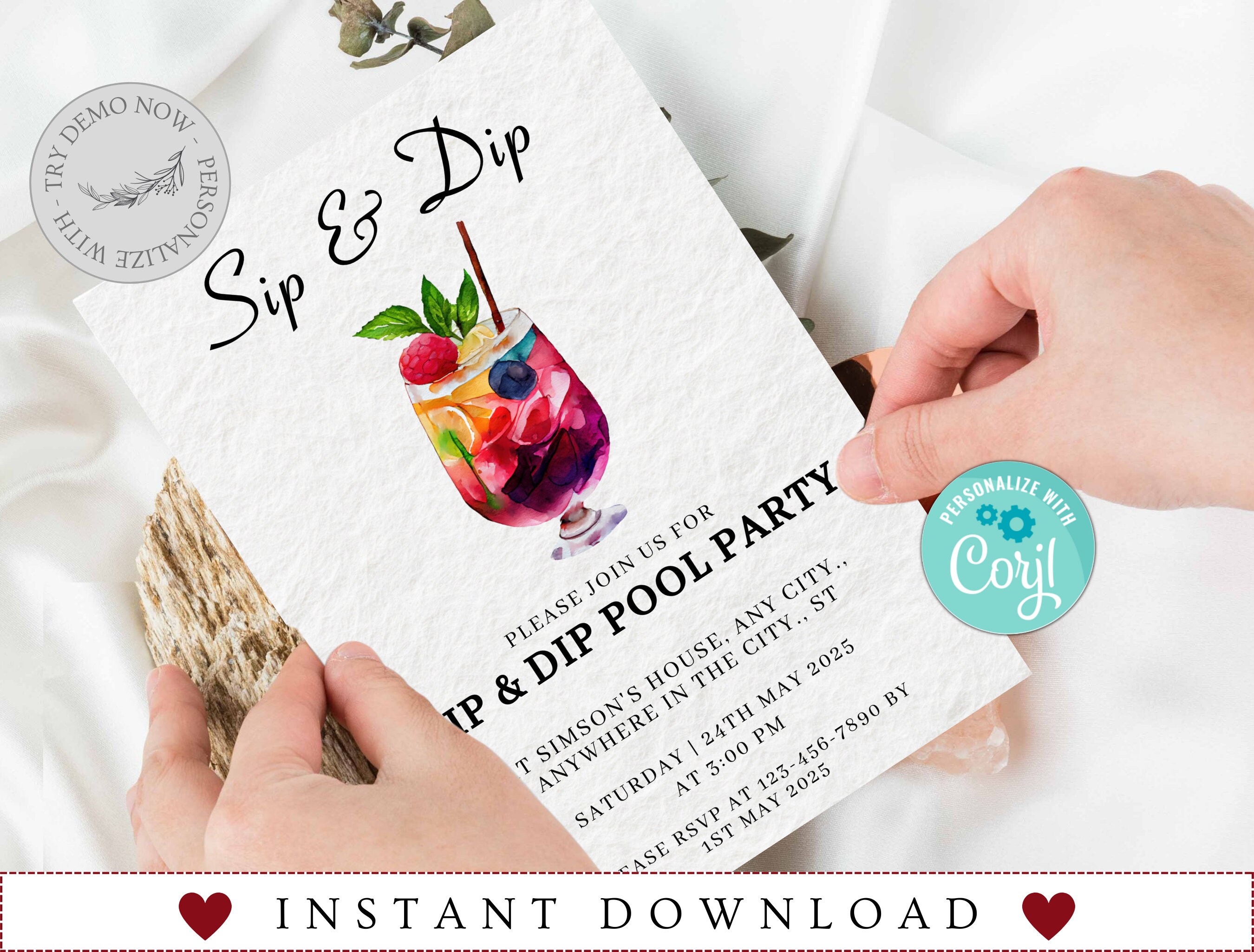 Pool Party Invitation, Pool Party, Summer Party Invitation, Sip and Dip Pool Party, Summer ...