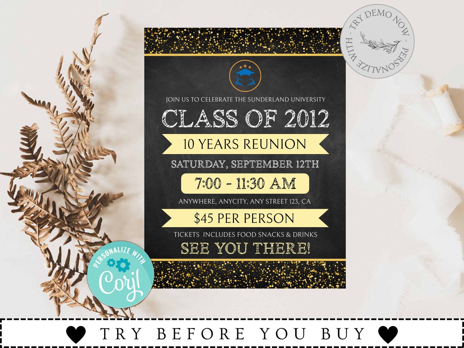 Editable and Printable College or High School Reunion Invitation Flyer ...