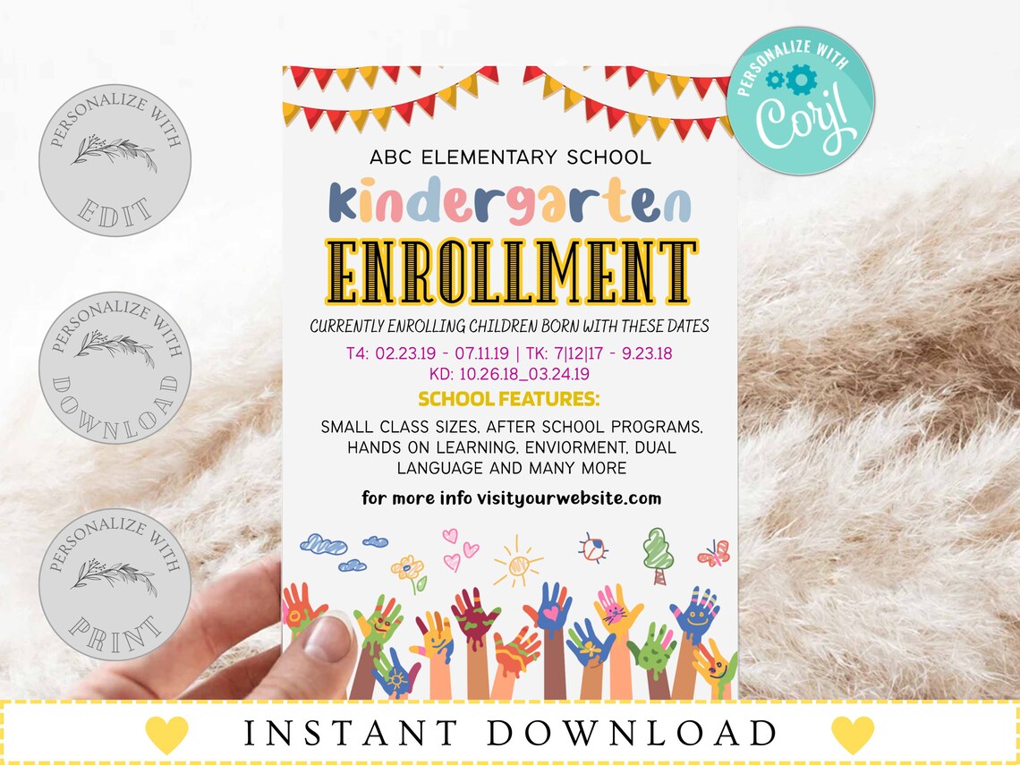 Kindergarten Enrollment Registration Flyer, Printable PTA PTO Flyer ...
