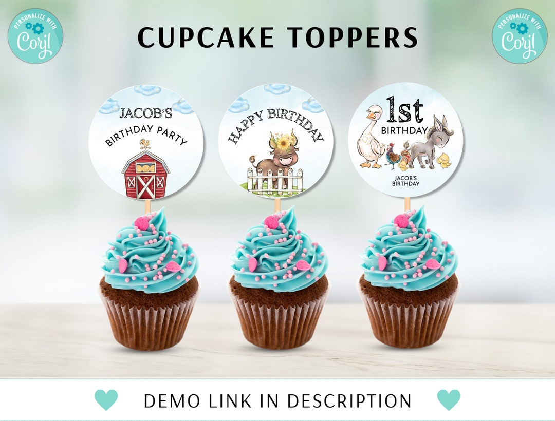 Editable Farm Birthday Cupcake Toppers, Boy Barn Party, Digital, Farm ...