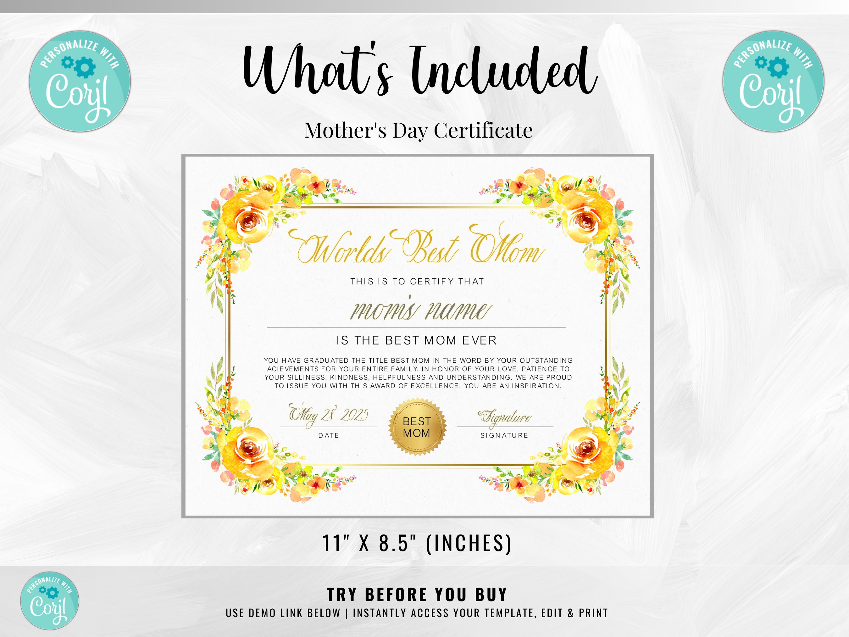 Editable Best Mom Certificate Template, Mother's Day Certificate, World ...
