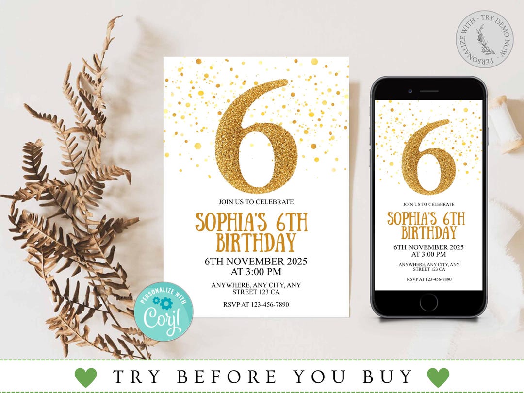 Gold Six Birthday Invitation, Gold Glitter Birthday Party Invitation ...