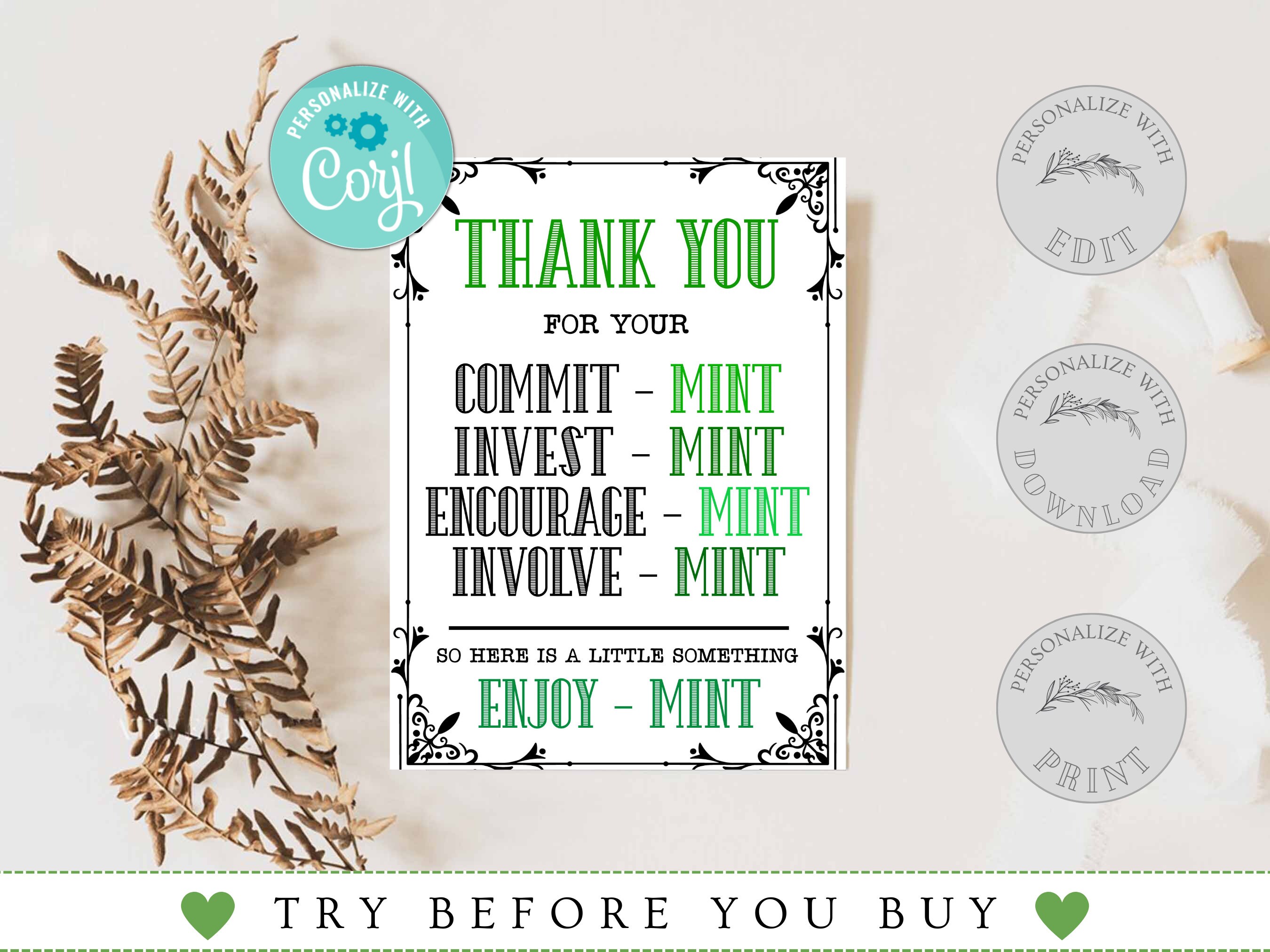 Thank You Mint Printable, Appreciation Mint Printable Tag, Editable ...