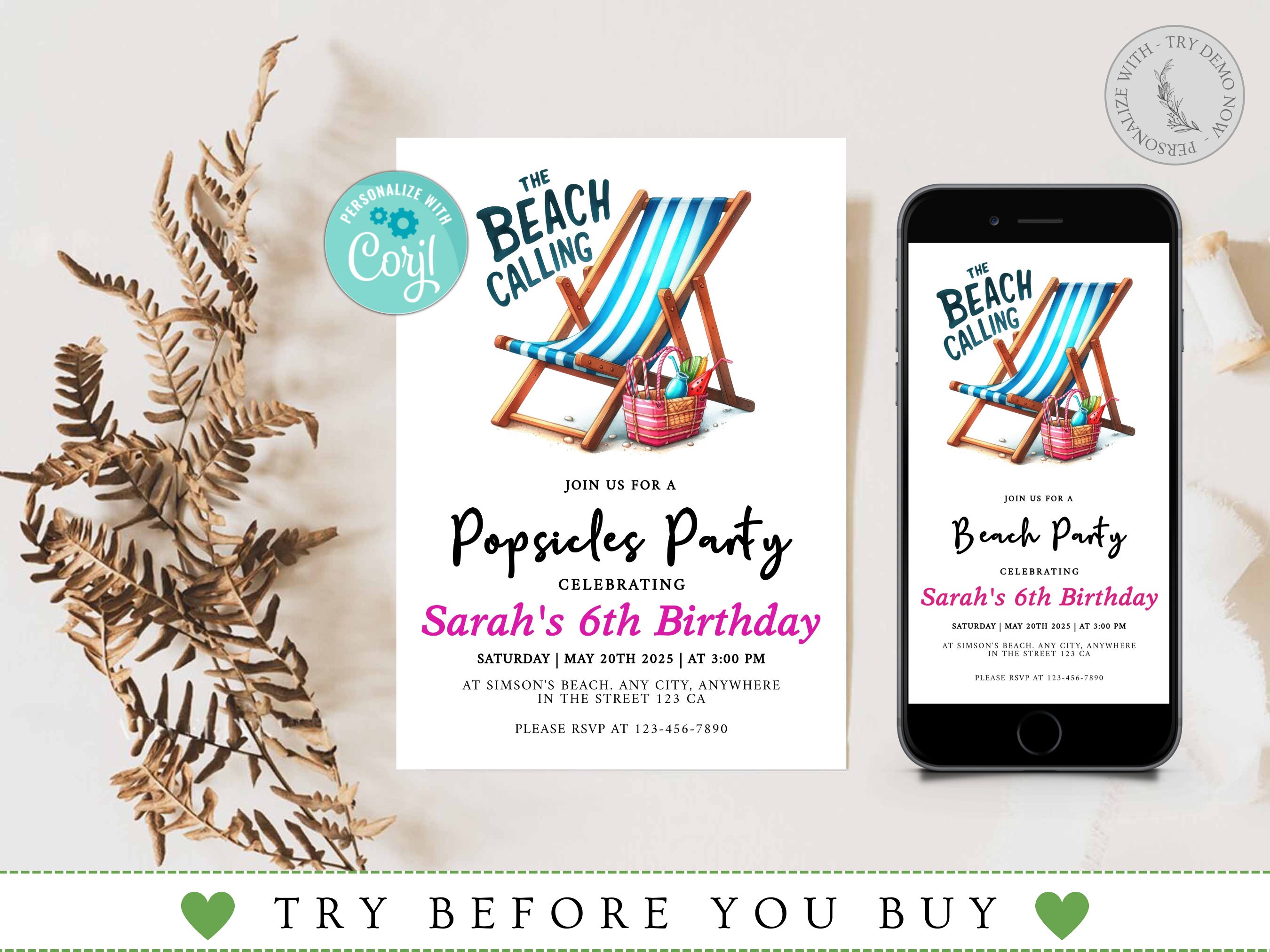 Editable Beach Party Invitation, Girl Birthday Invitation, Surf's Up ...