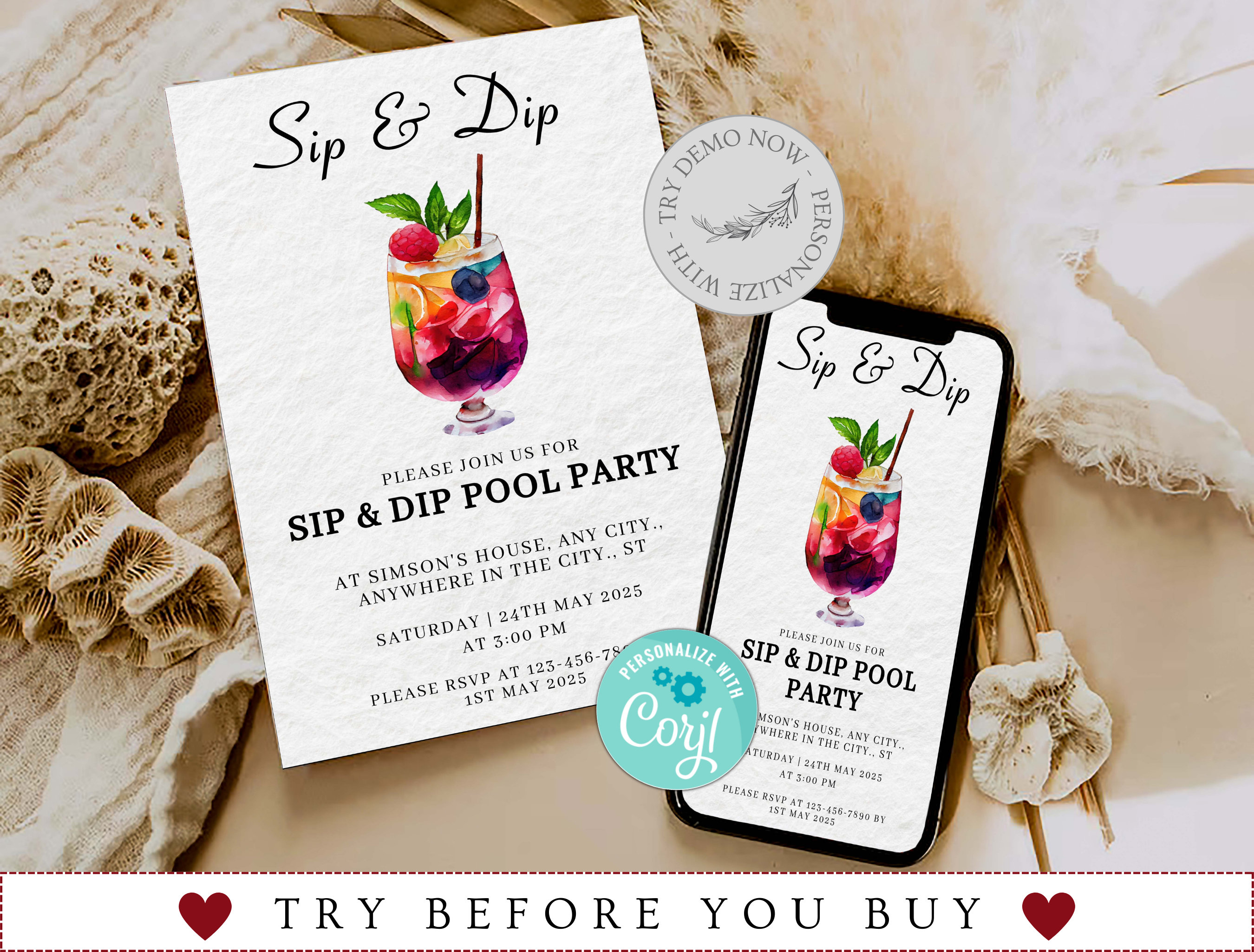 Pool Party Invitation, Pool Party, Summer Party Invitation, Sip and Dip Pool Party, Summer ...