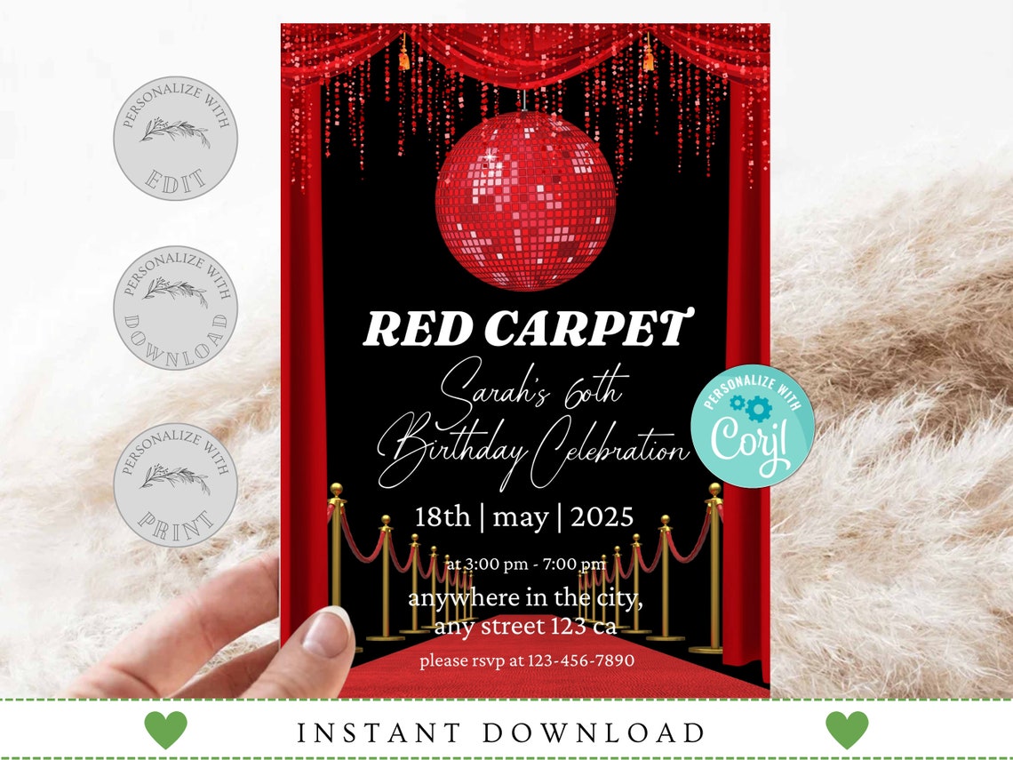 Editable Red Carpet Birthday Invitation, Hollywood Movie Party Invite ...