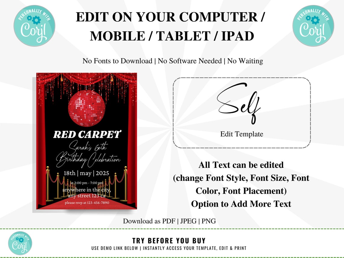 Editable Red Carpet Birthday Invitation, Hollywood Movie Party Invite ...