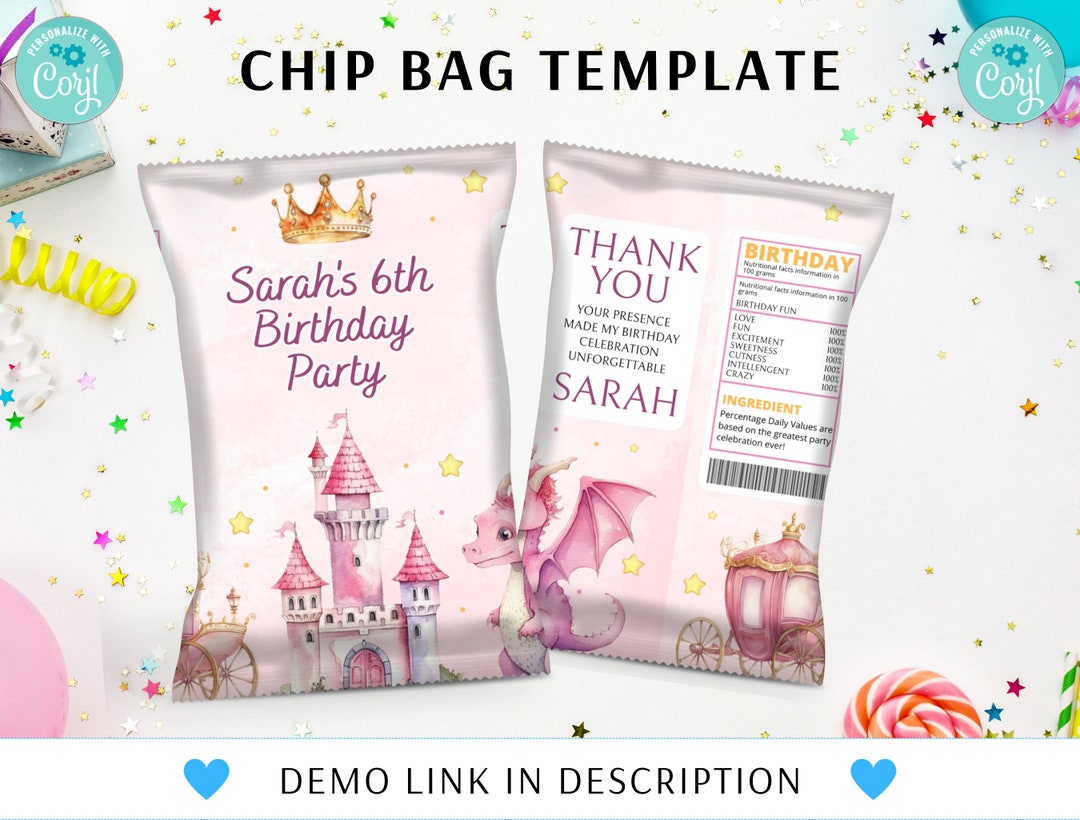 Editable Princess Chip Bag Label, Printable Chip Bag Favor, Diy ...