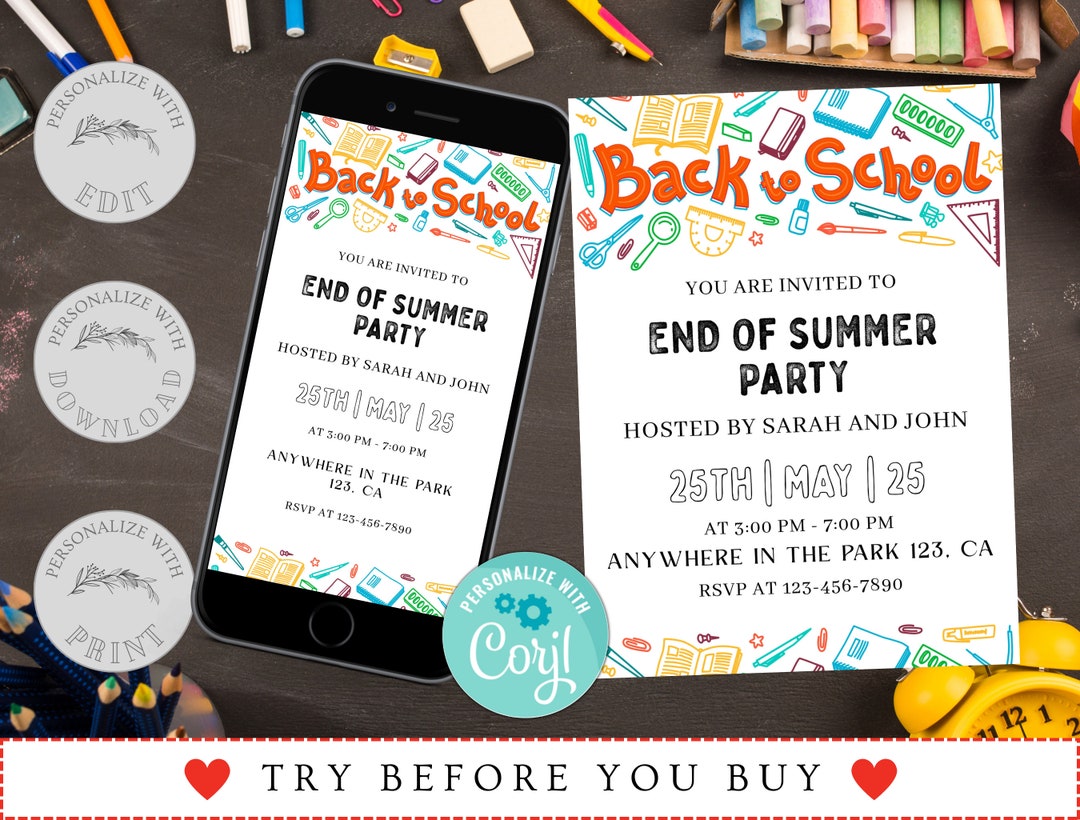 EDITABLE Back to School Party Invitation, End of Summer Party ...