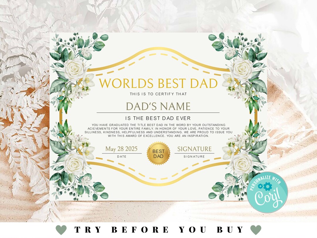 Greenery Father's Day Certificate, Father's Day Gift for Dad, Printable ...
