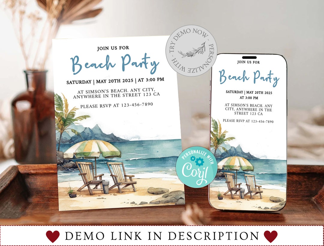 Editable Beach Party Invite, Beach Birthday Invite Beach Summer Party ...