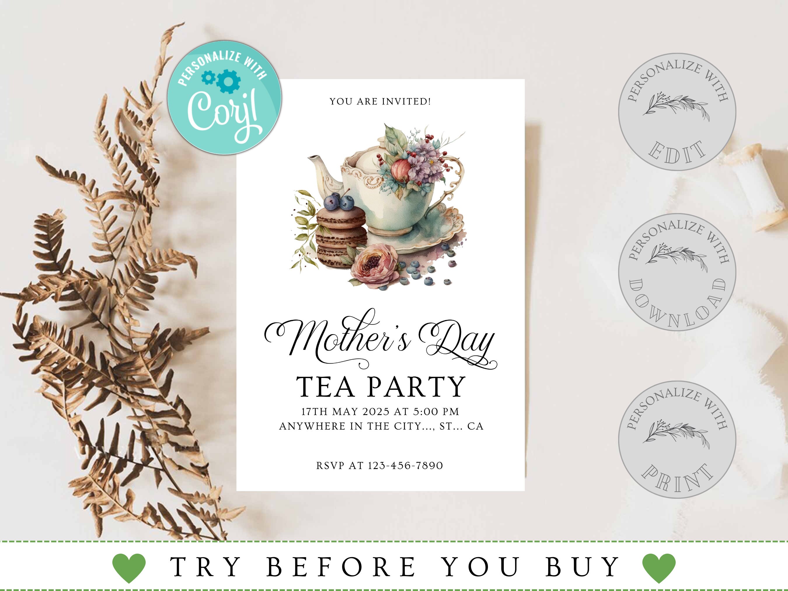 Mothers Day Tea Party Invitation, Tea Party Invitation, Editable Tea ...