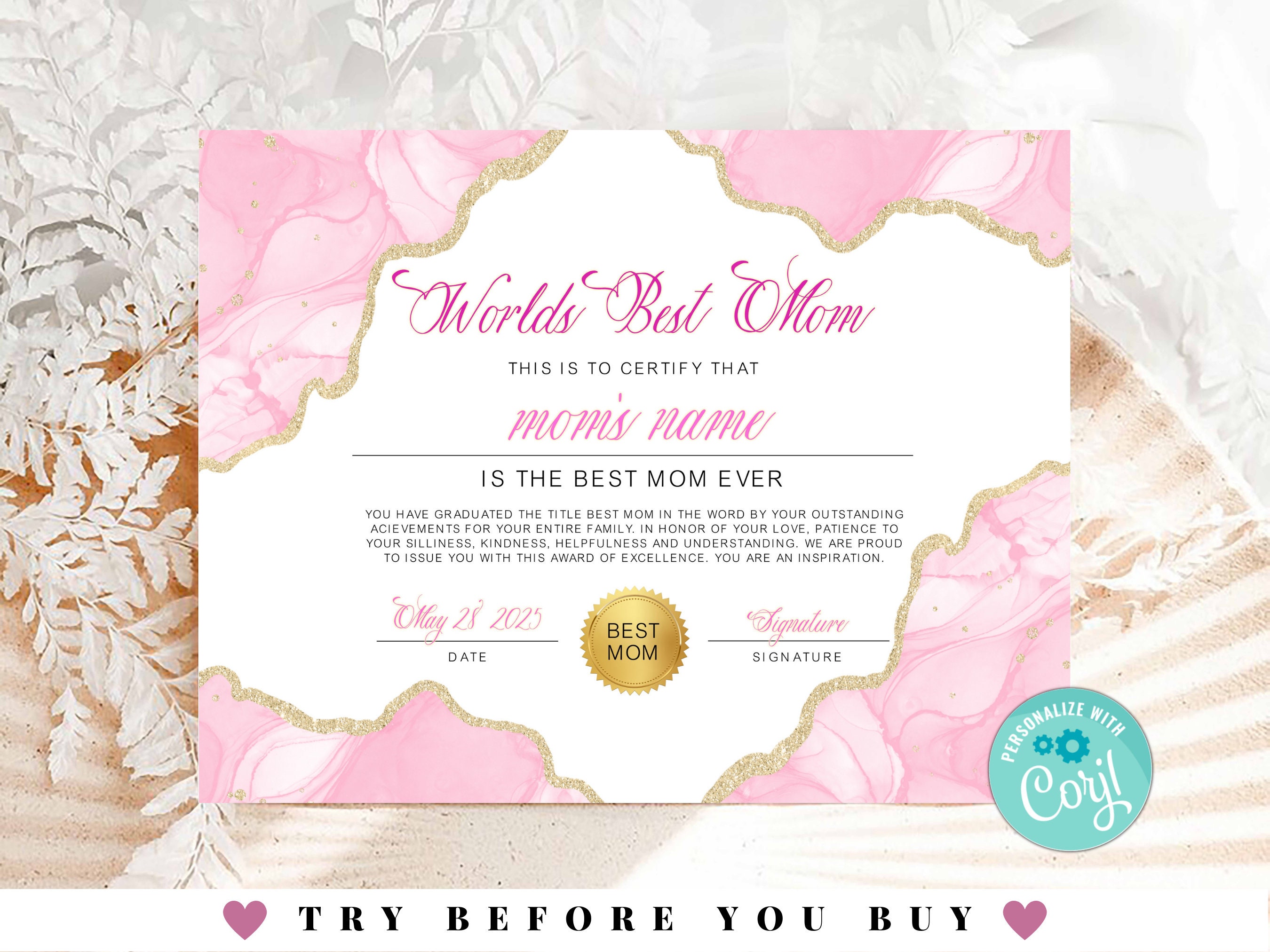 Best Mom Certificate Template, Mother's Day Certificate, Award for Best ...