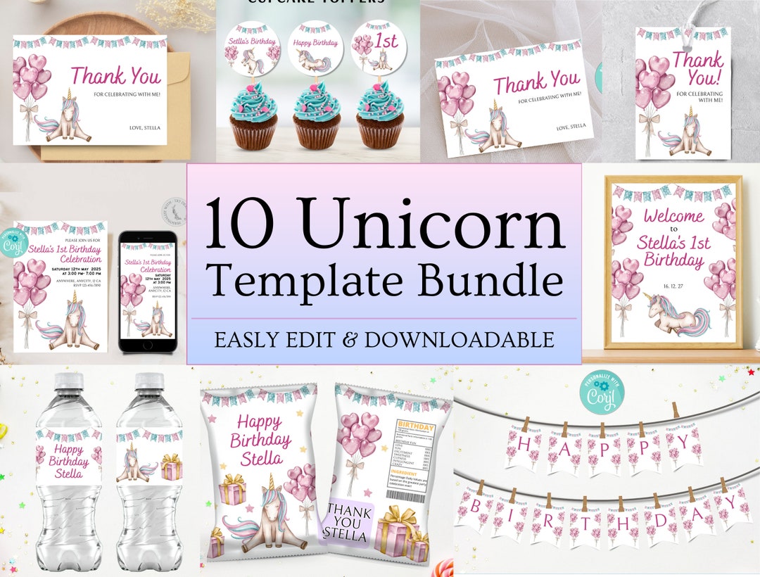 Editable Unicorn Birthday Invitation Bundle Template, Unicorn Welcome ...