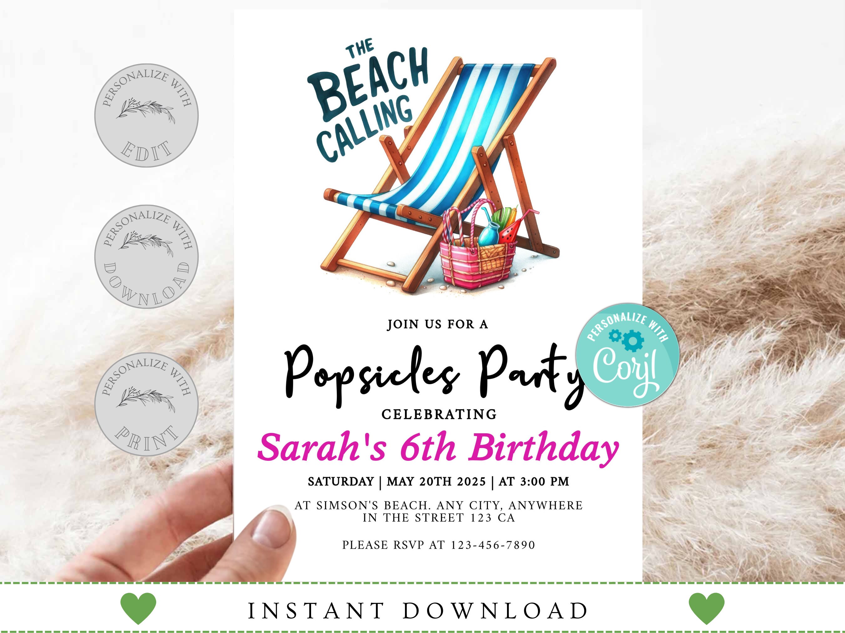 Editable Beach Party Invitation, Girl Birthday Invitation, Surf's Up ...