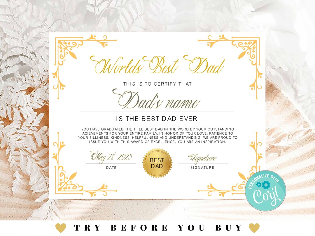 Personalized Gift for Dad, World's Best Dad Certificate Award, Father's ...