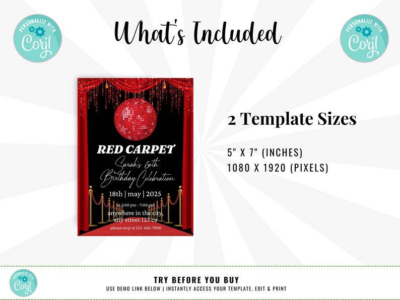 Editable Red Carpet Birthday Invitation, Hollywood Movie Party Invite ...