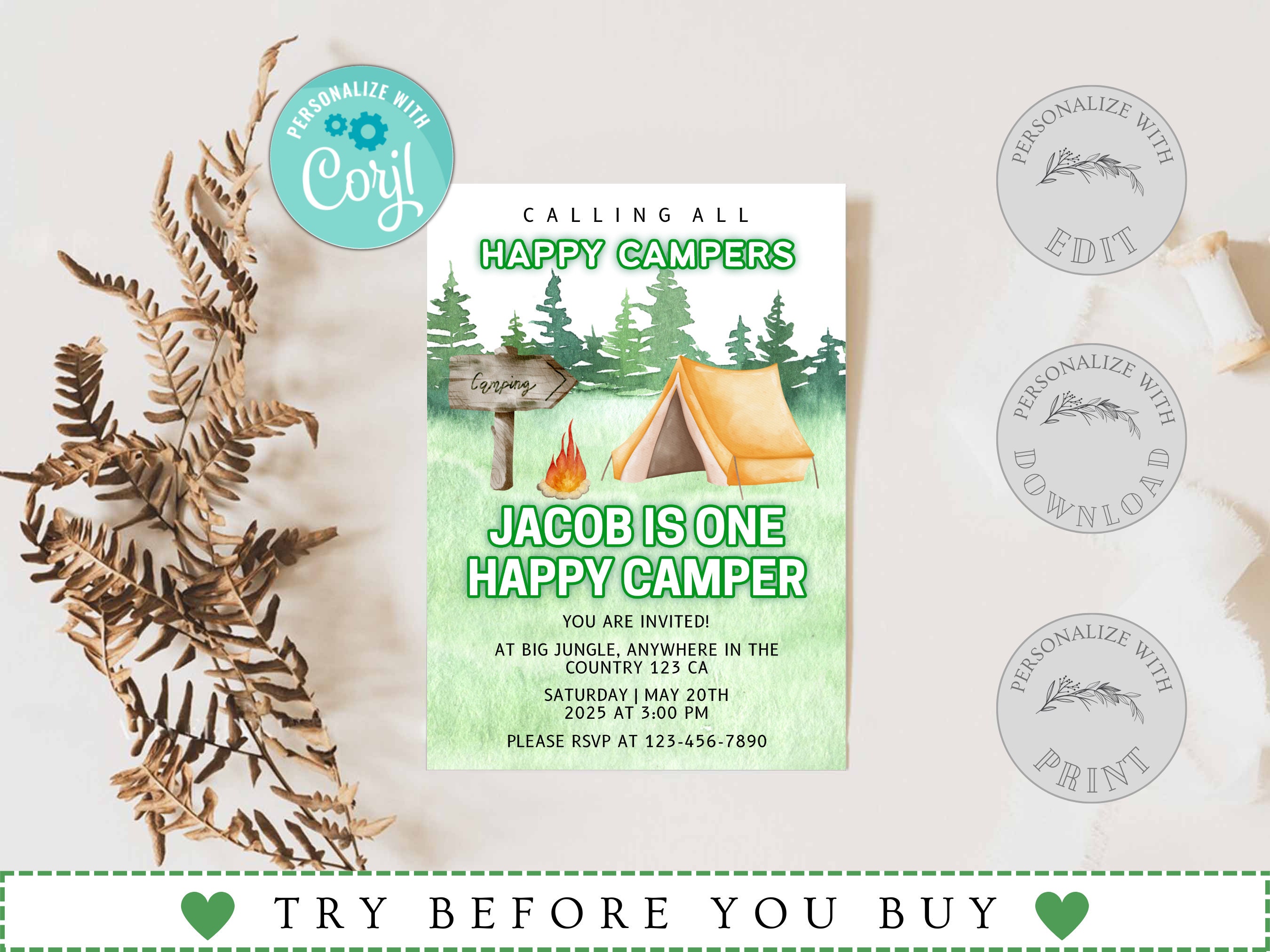 Editable Camping Birthday Invitation, Adventure Forest Camp Birthday ...