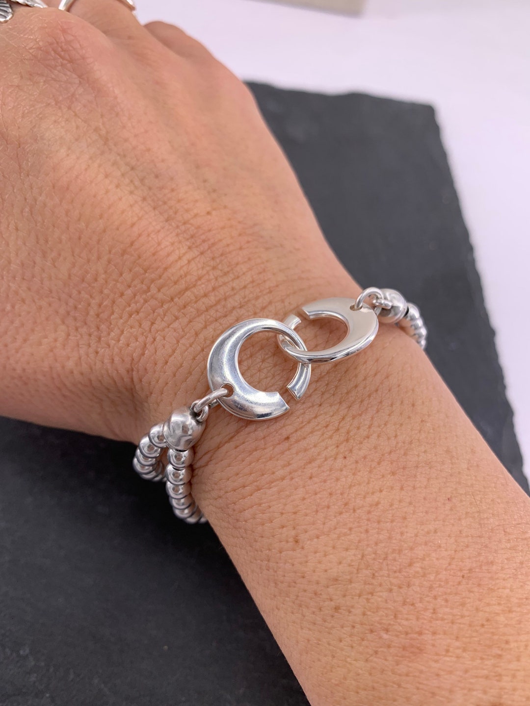 Bulky Silver Bracelet With Cross Closure, Beaded Bracelet, Large Silver ...