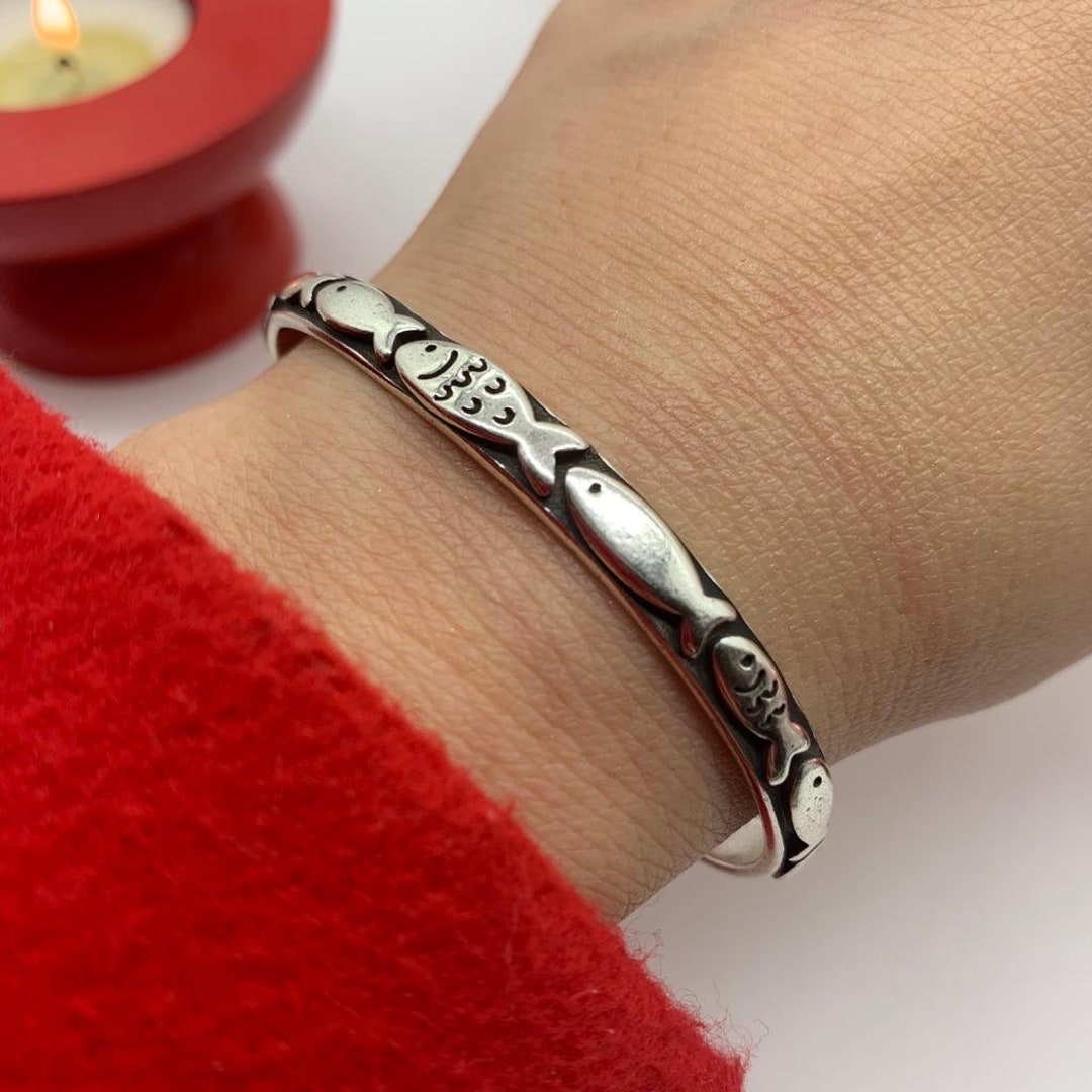 Silver Adjustable Fish Cuff Bracelet, Fish Lovers, Sealife Bangle, Open ...