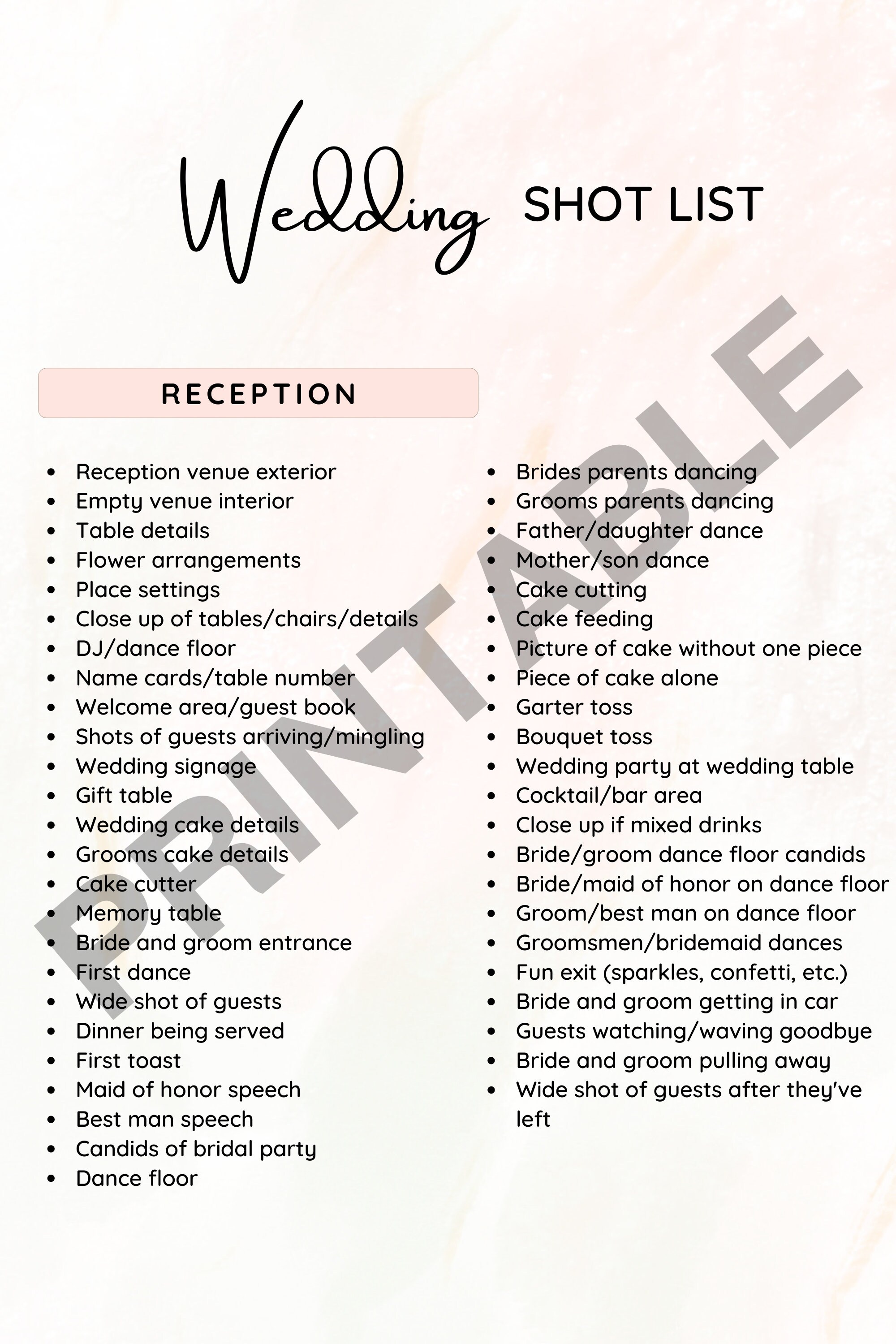 Wedding Shot List, Wedding Photography Checklist, Printable Wedding ...