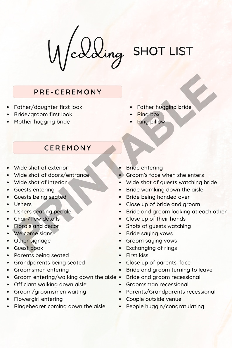 Wedding Shot List, Wedding Photography Checklist, Printable Wedding Photo Checklist, Wedding ...
