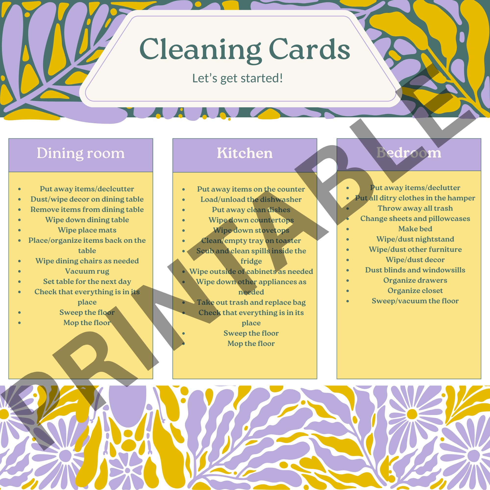 Printable Cleaning Schedule, Cute Cleaning Schedule, Cleaning Card ...