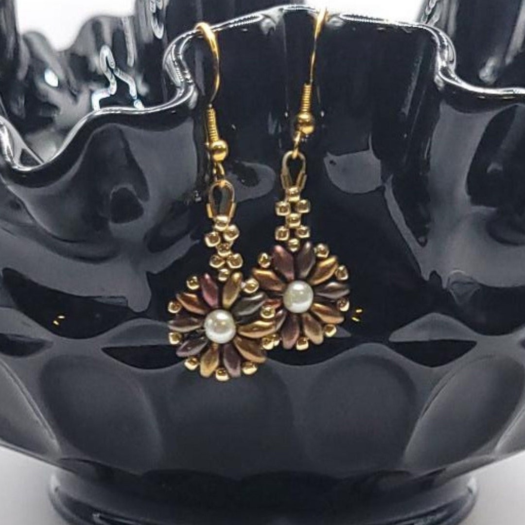 Bronze Mix With Gold Beaded Flower Earrings, Fall Earring, Handmade ...