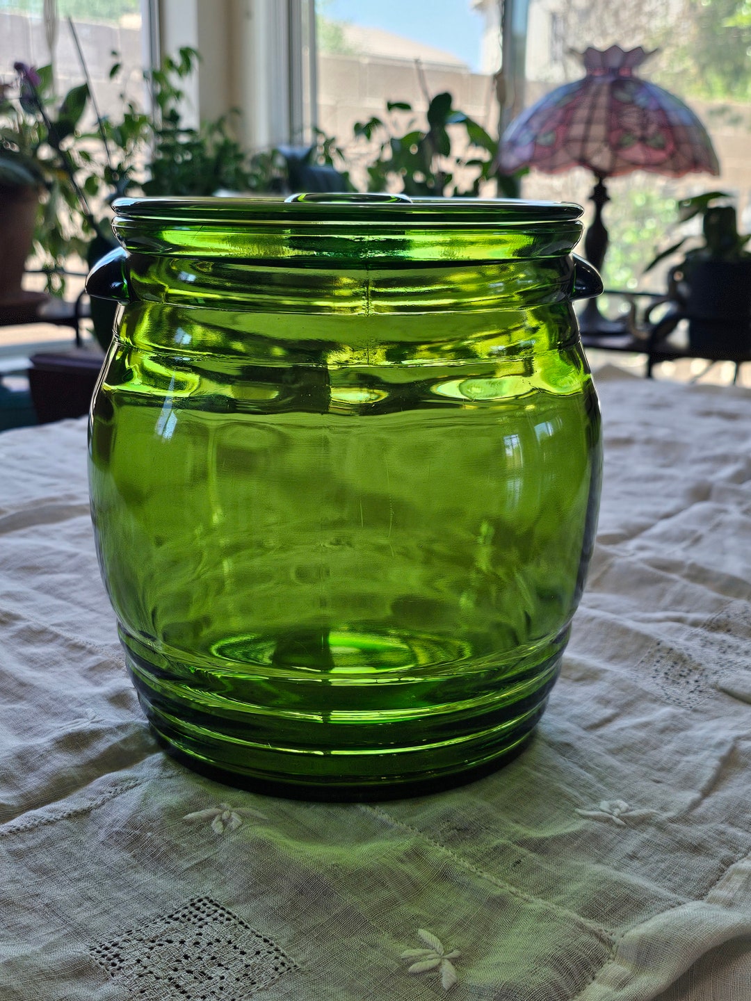 Vintage LE Smith Green Depression Glass Barrel Cookie Jar W/ Lid - Etsy