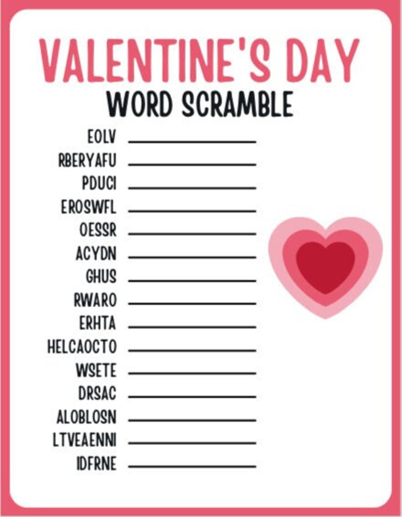 Digital Valentine's Day Word Scramble - Etsy