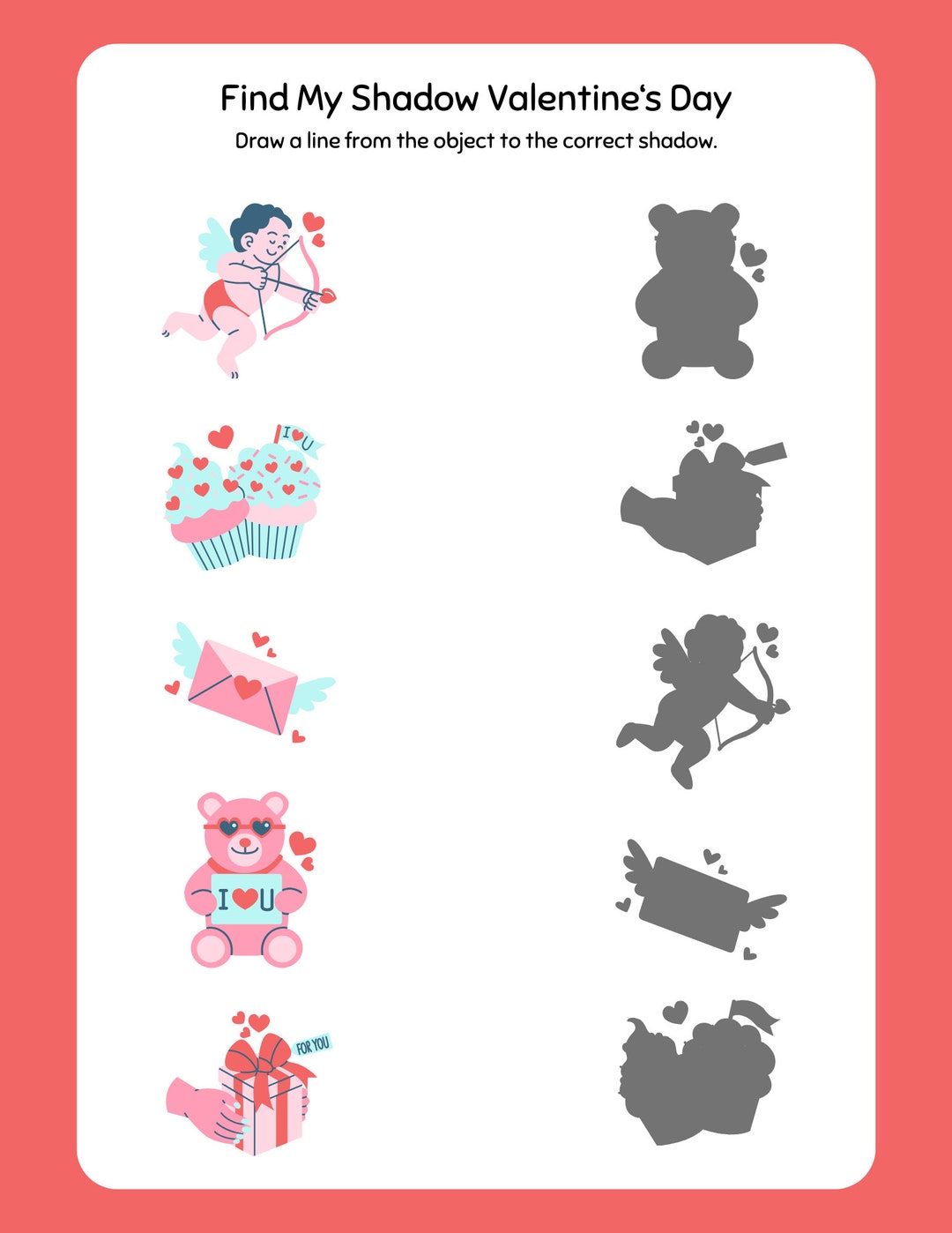 Valentines Day Find My Shadow Worksheet - Etsy